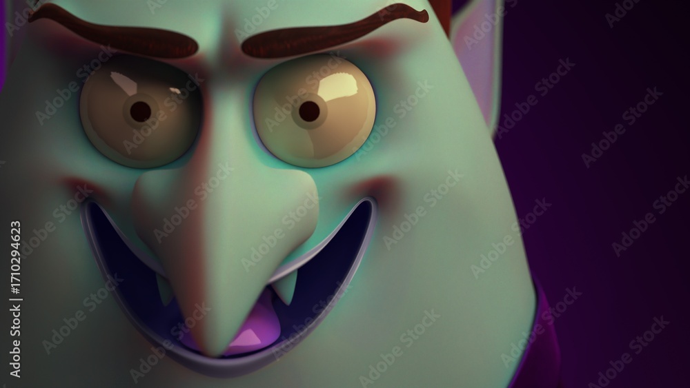Vampire character extreme close up eyes nose mouth and fangs with ...