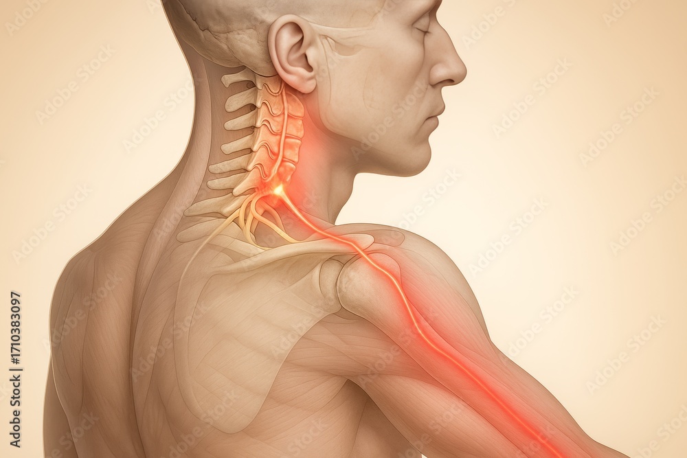 Medical anatomy illustration of neck, shoulder and arm showing cervical ...