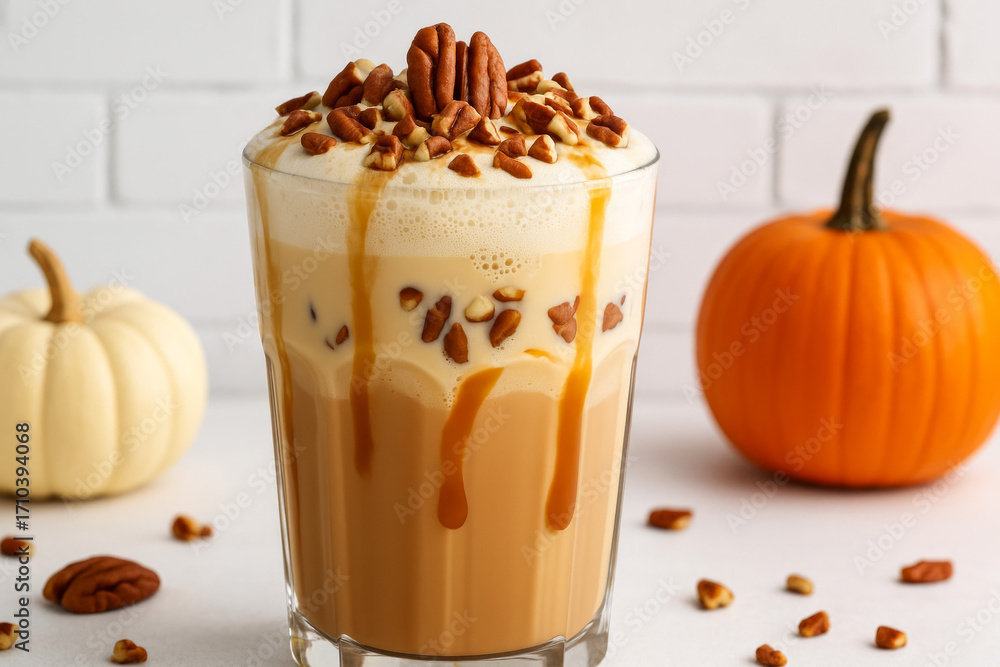 Autumn Flavored Iced Coffee with Pecans and Pumpkins Stock Photo ...