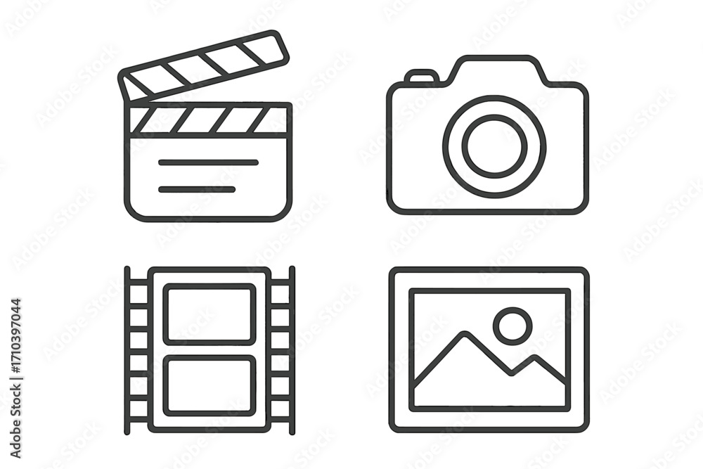 Movie and photography line icon set with editable stroke. Includes ...