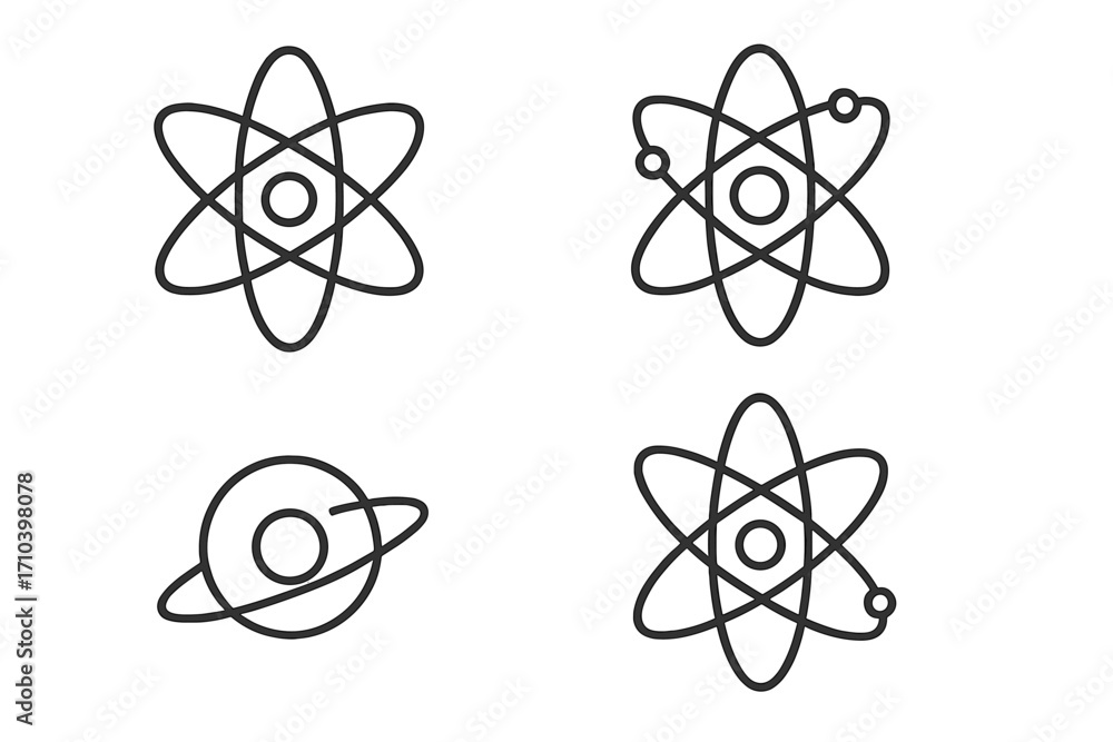 Atom and planet line icon set. Science, physics, chemistry symbols ...