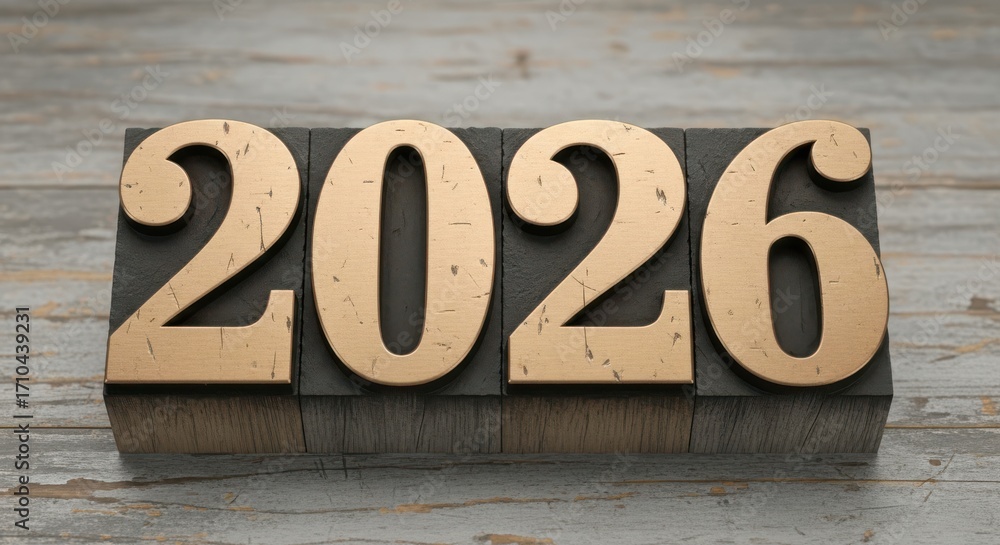 Rustic wooden letterpress numbers spell out the year 2026 for future ...