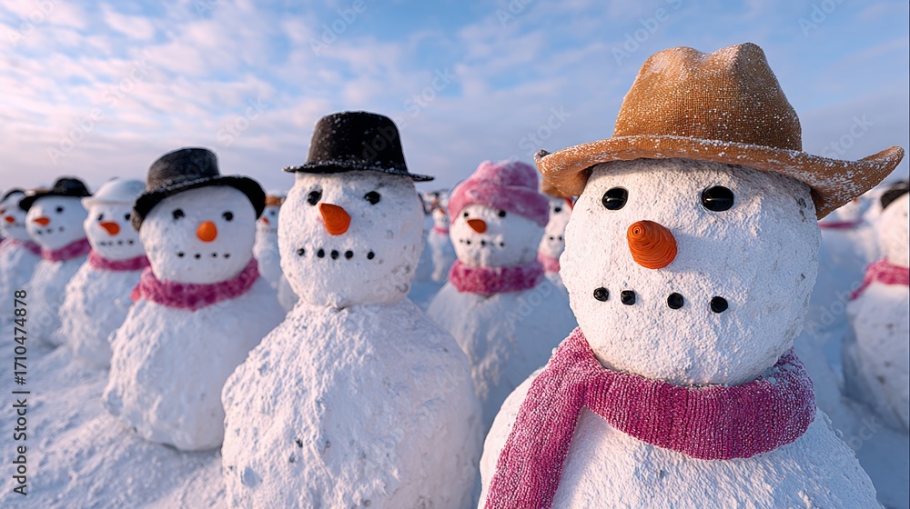 Group of snowmen wearing hats and scarves are lined up in a row. The ...