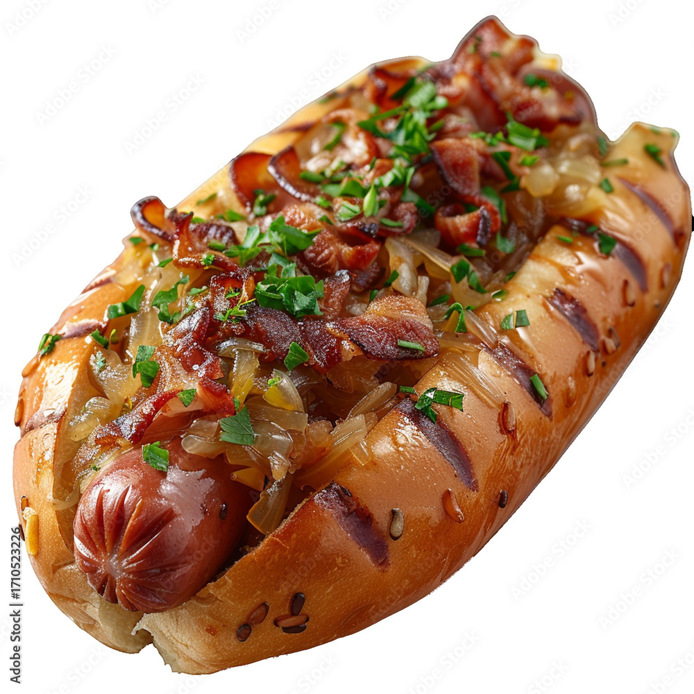 Gourmet loaded hot dog with crispy bacon, caramelized onions, and fresh ...