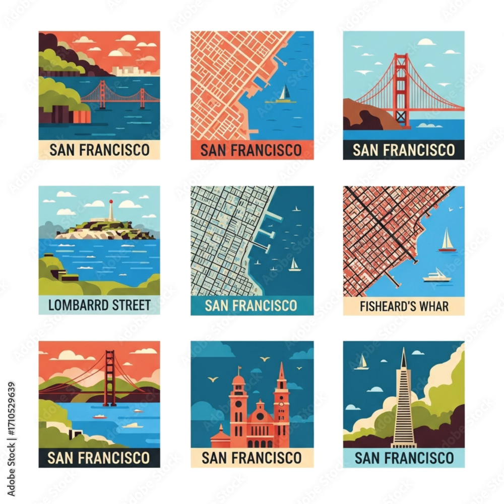 Nine stylized illustrations of San Francisco landmarks and cityscapes ...