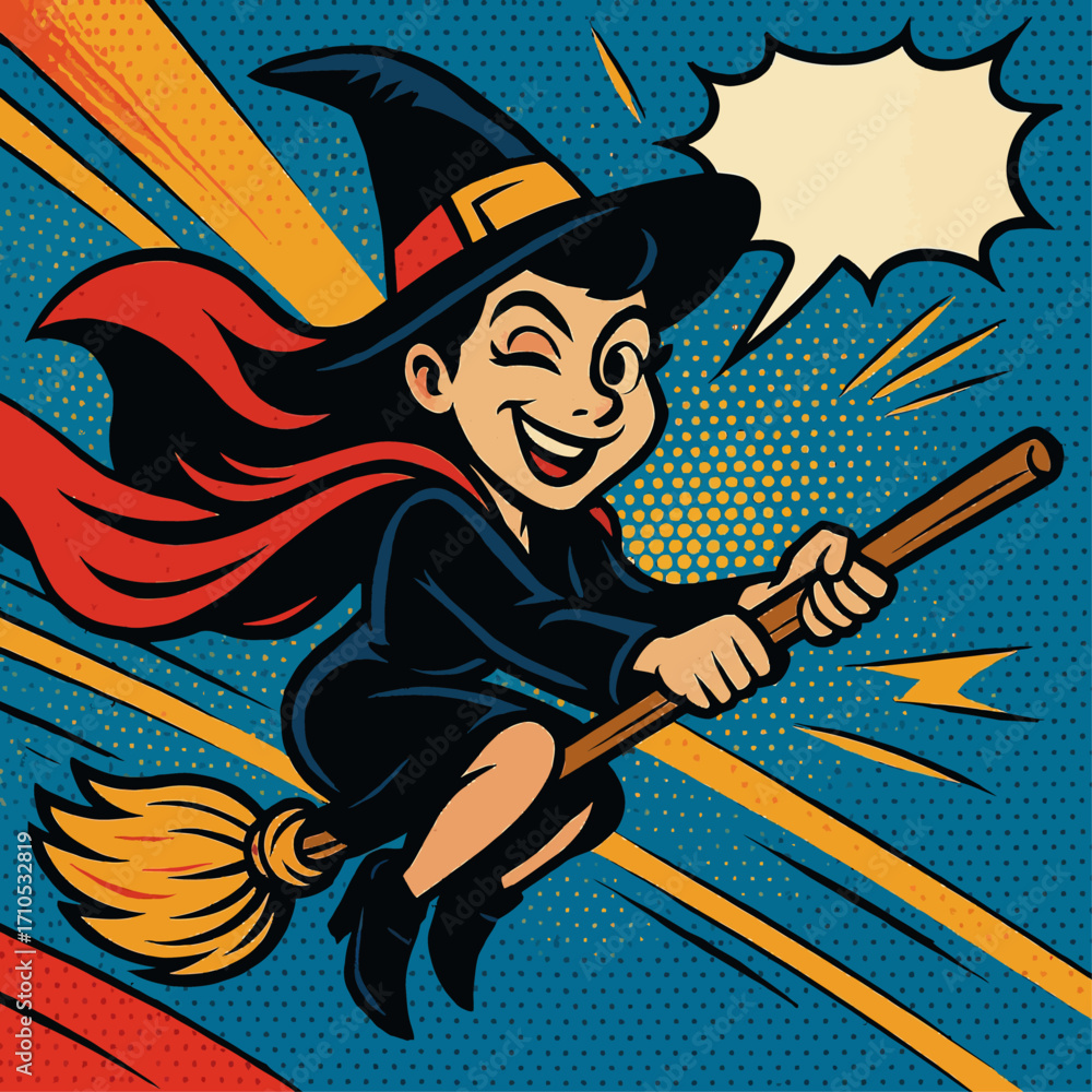 Playful retro comic-style witch flying on a broomstick with cape and ...