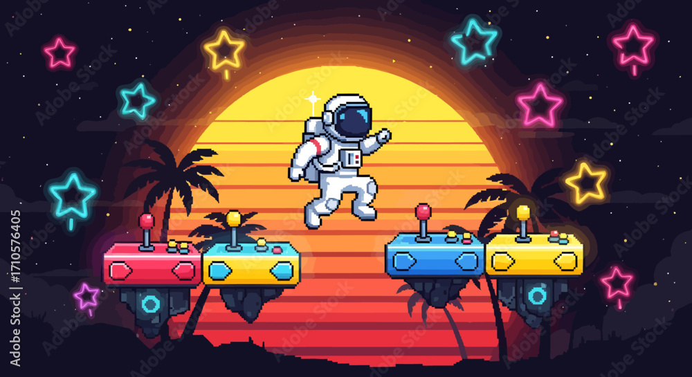 Retro pixel art astronaut jumping between platforms. Stock Vector ...