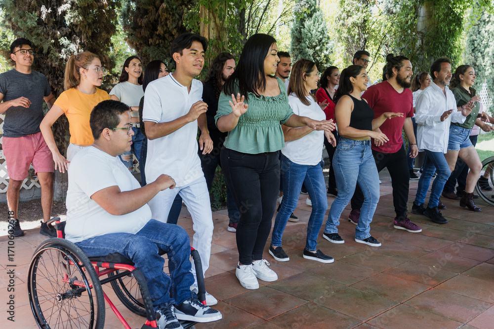 Large Group of latino friends in salsa dancing class including a ...
