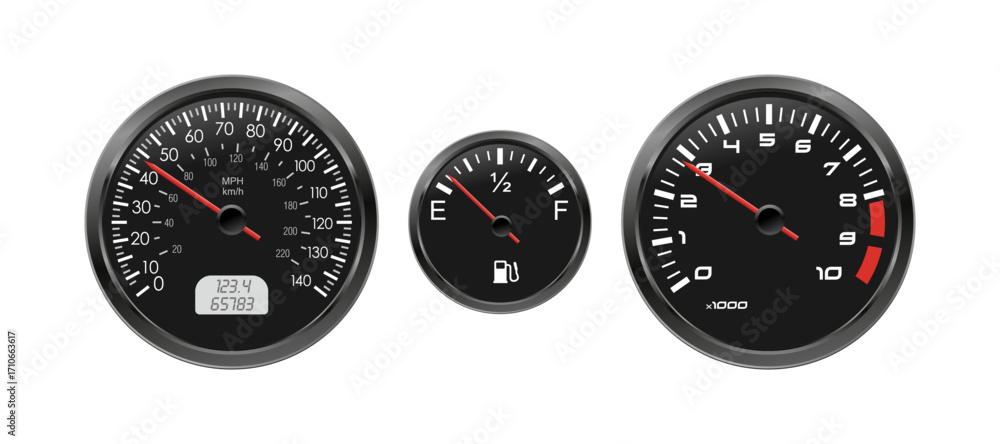 Realistic vector car dashboard speedometer, fuel and tachometer gauge ...
