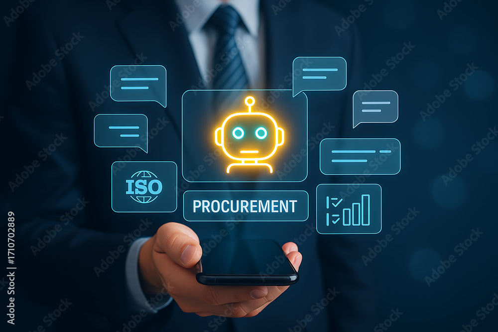 AI-powered procurement and supply chain management with a humanoid robot, automated chat, and ...
