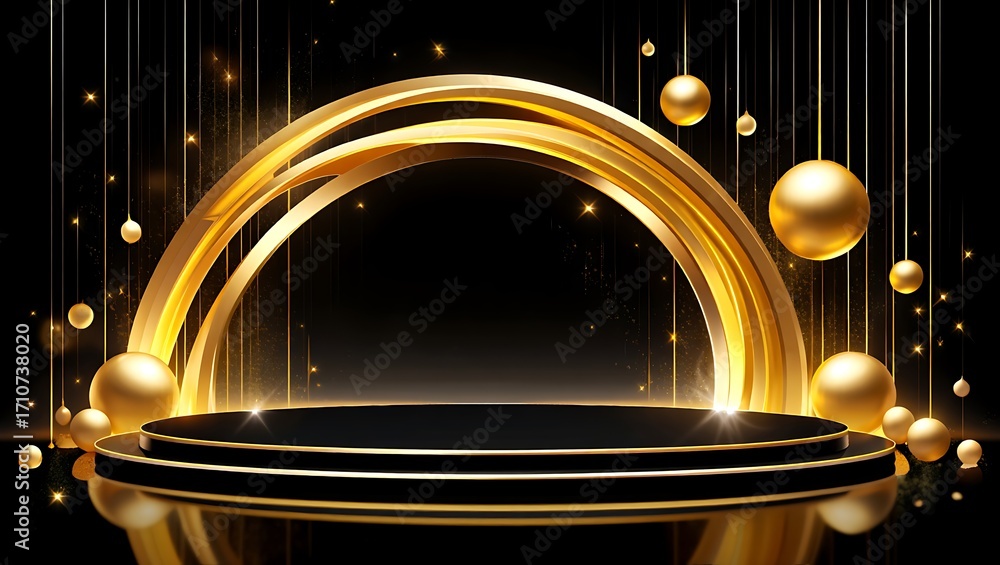 Luxury golden archway stage with floating spheres and sparkling lights ...