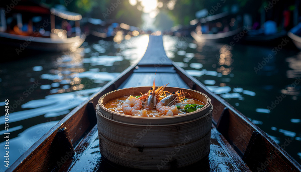 Laksa with coconut milk and prawns in bamboo container on floating ...