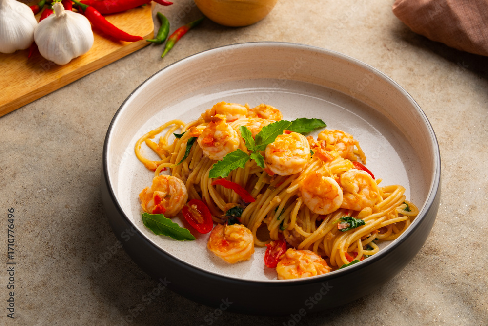 Spicy Stir Fried pasta seafood,Thai Spicy stir fried spaghetti with ...
