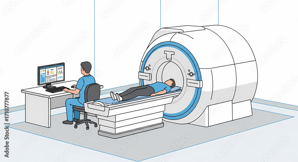 Radiology technician monitors patient undergoing MRI scan in medical ...
