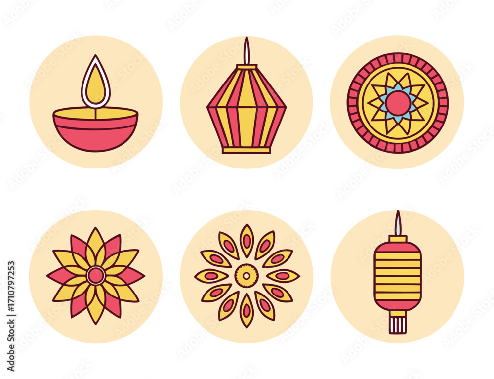 Diwali celebration symbols colorful line icons for traditional festival ...