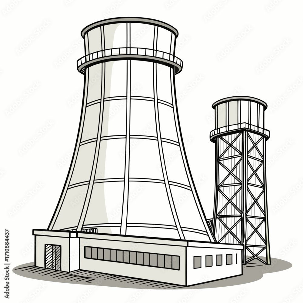 Stylized illustration of a large cooling tower and a smaller water ...