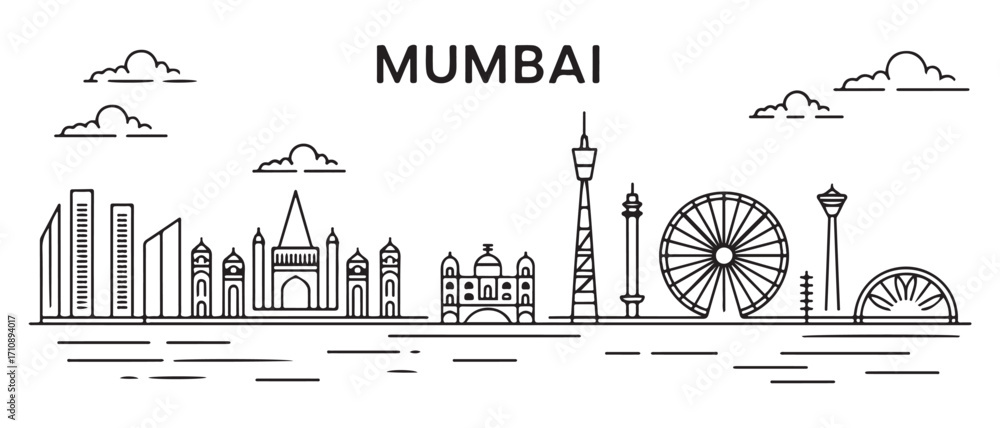 Mumbai Line Art skyline horizontal banner. Mumbai, India. Vector ...