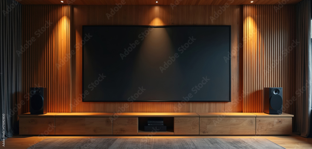 Modern home theater with large screen TV, wood paneling, speakers, and ...