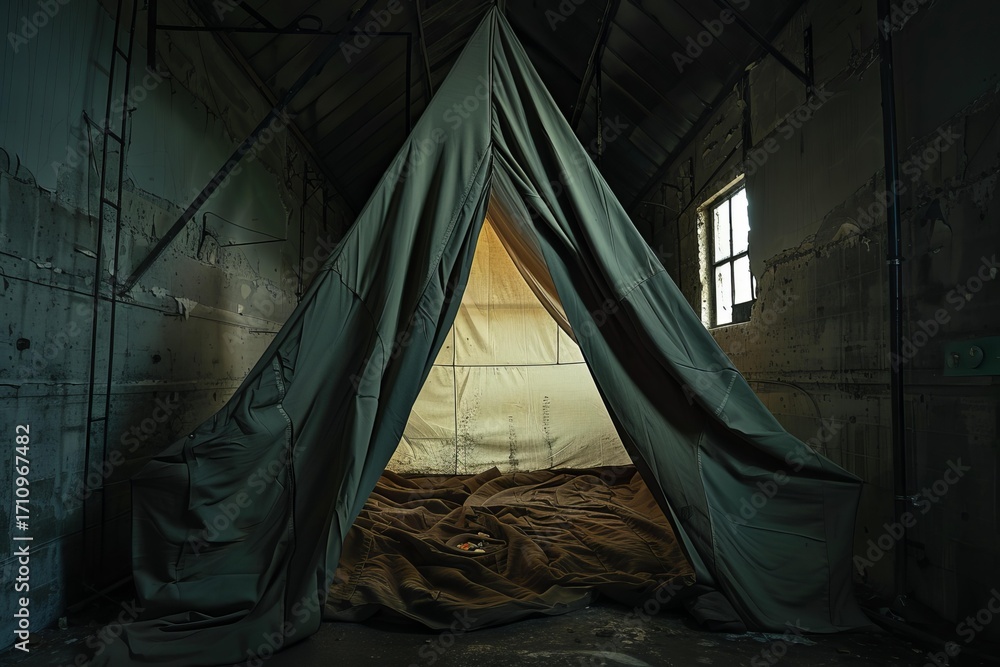 Green tent illuminated from within, providing shelter in an abandoned ...