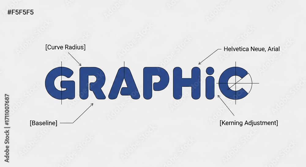 Blue "GRAPHIC" word, design elements shown: baseline, curve radius ...