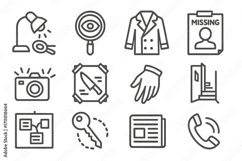 Detective Manga Symbols. Line style icons of detective manga: clue ...