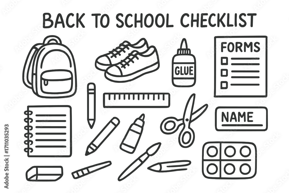 Back-to-School Essentials. Back-to-school checklist doodle set: hand drawn icons for supplies ...