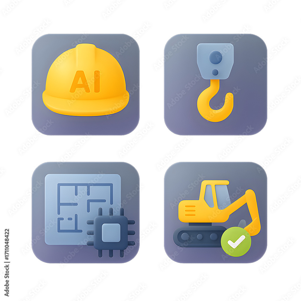 Construction AI icon set glassmorphism 2x2 pack transparent PNG frosted UI vectors hard hat ...