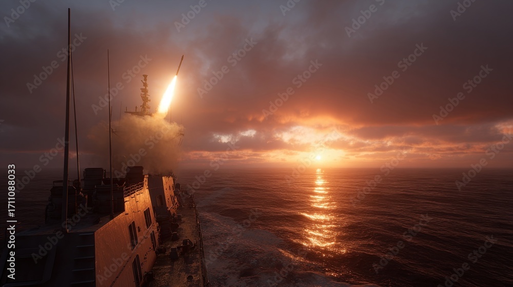 The stern of the frigate is seen firing warning flares into the setting ...