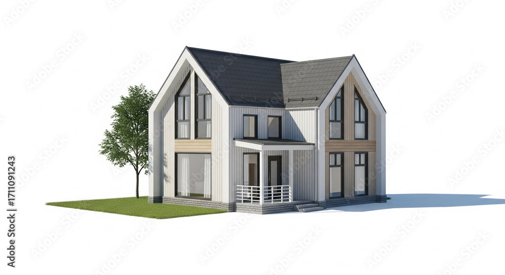 Charming two-story detached house with a grey pitched roof and white ...
