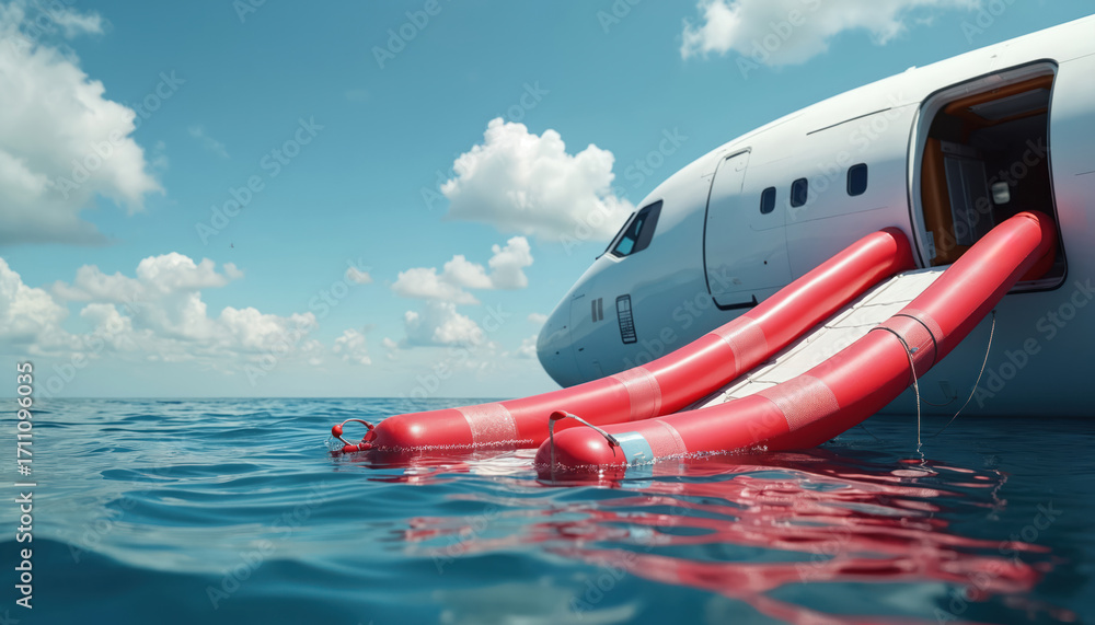Foto de Stock Airplane emergency evacuation slide deploys on calm ocean ...