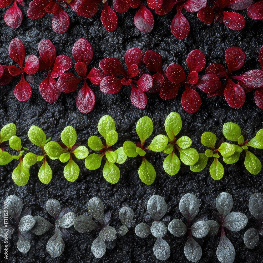 Rows of young plants with distinct red green and grey colors growing in ...