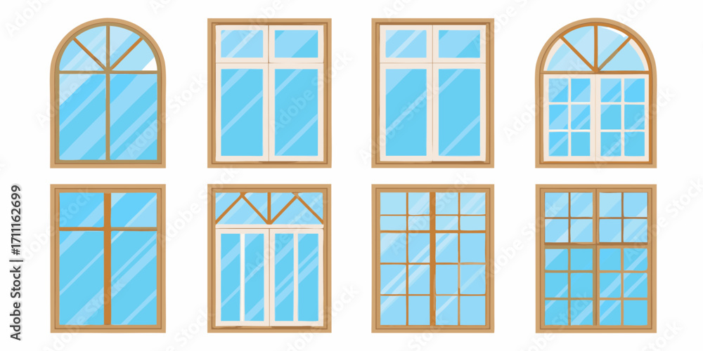 Collection of various window styles and designs with wooden frames and ...
