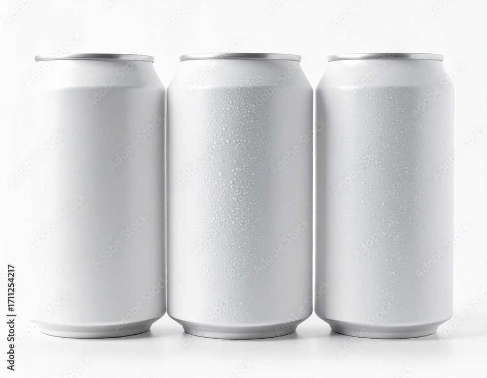 Three aluminum cans stand side-by-side on a white surface. One can is ...