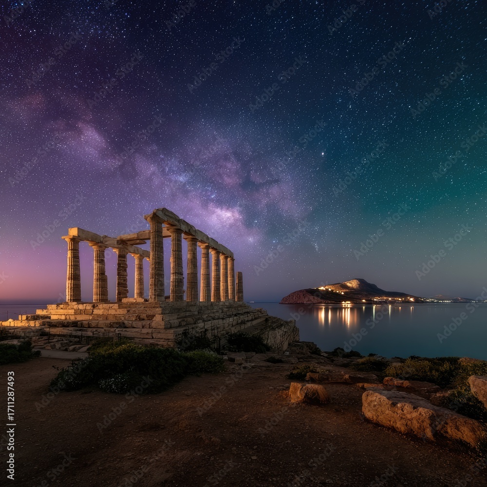 Ancient Greek Temple of Poseidon at Sounion Under the Milky Way. Stock ...