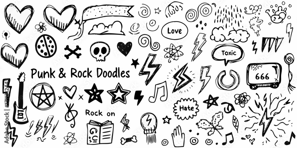 Collection of hand drawn punk rock doodles and symbols including hearts ...
