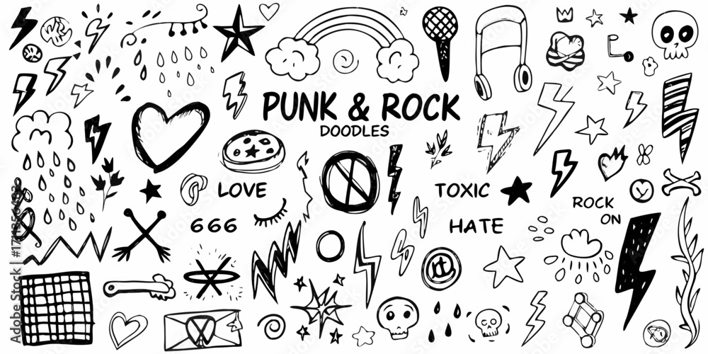 Collection of hand drawn punk rock doodles and symbols including ...