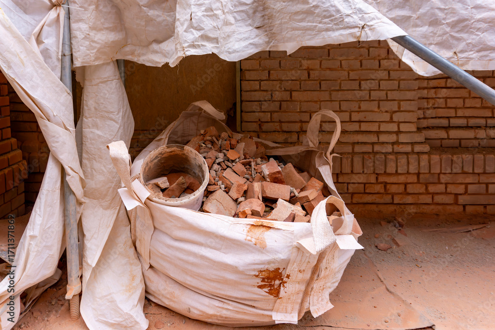 Big bag filled with brick rubble placed under plastic cover against ...