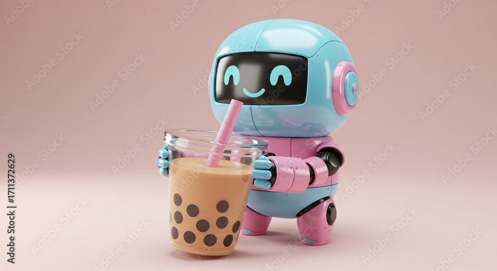 Charming 3D rendered robot with vibrant blue and pink colors happily ...