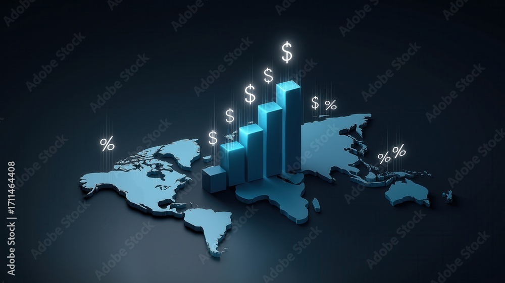 3D world map with rising bar chart and dollar signs representing global ...