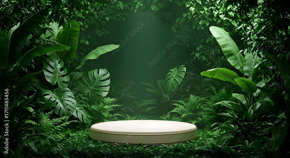 Enchanted forest stage with spotlight illuminating a circular pedestal ...