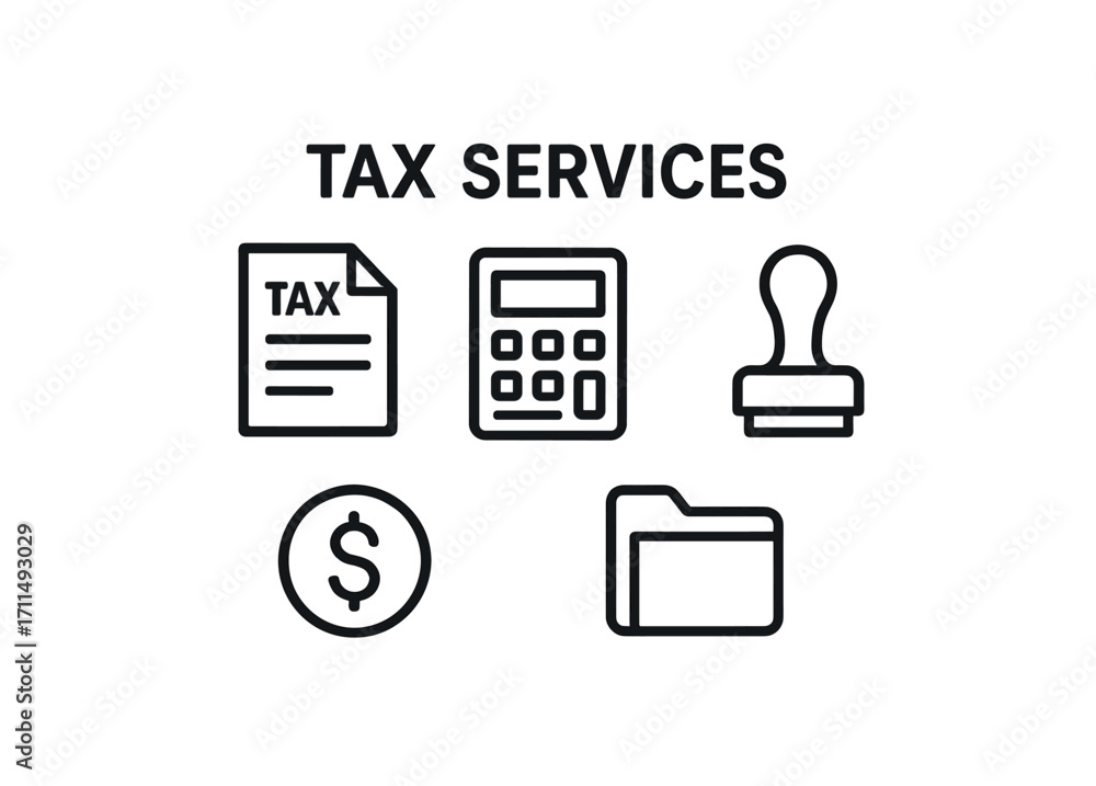 Black icons representing tax services including document, calculator ...