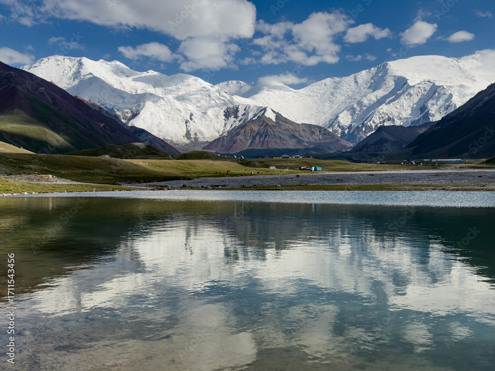 Yurt camp and alpine pond at Lenin Peak Base Camp in the Pamirs Stock ...