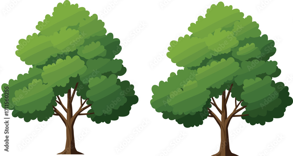 Cartoon vector trees with green leafy canopies and brown trunks, nature ...
