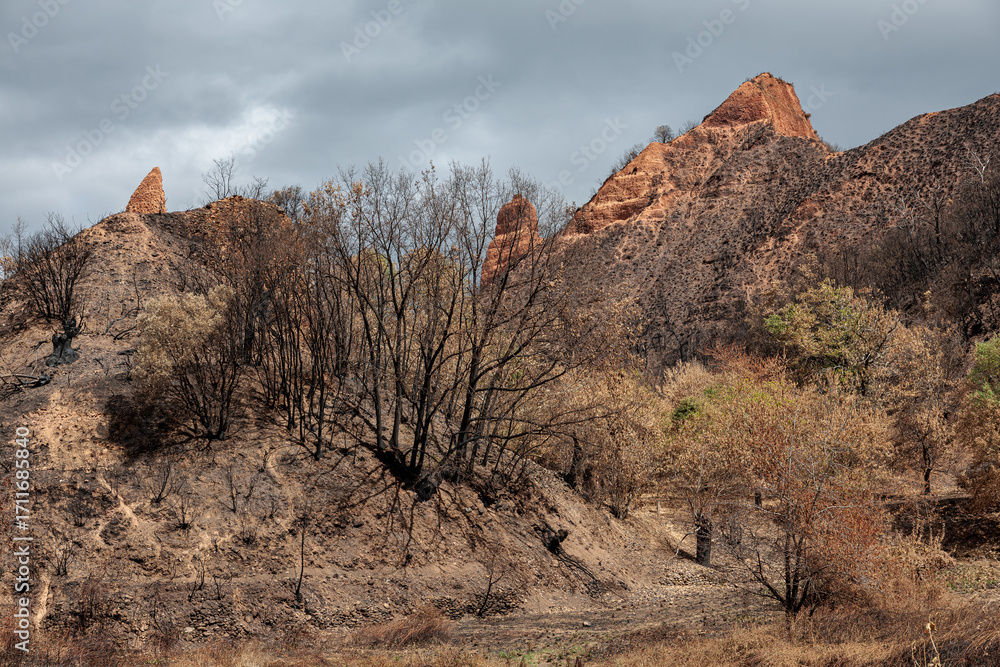 Area with scorched vegetation and elevations in the Las Médulas Natural ...
