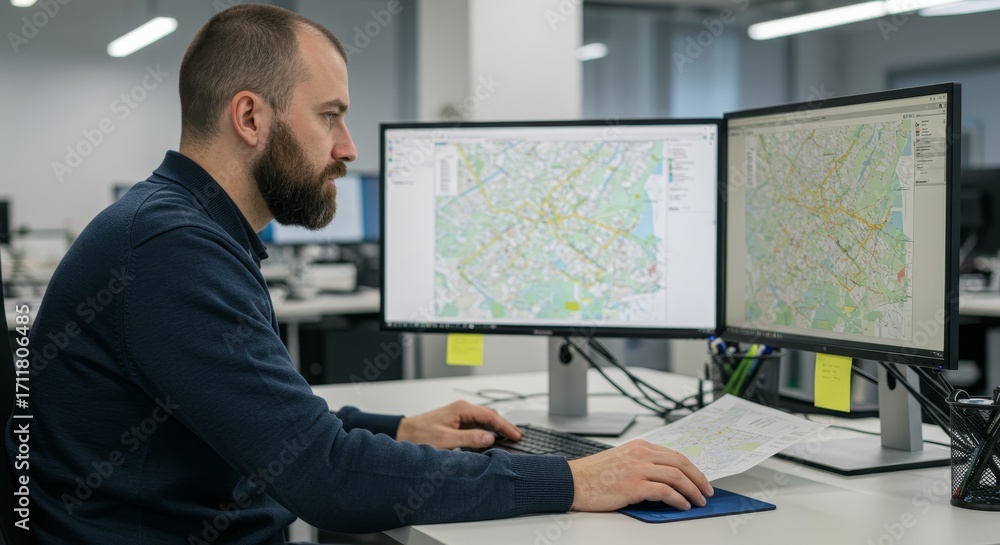 Dedicated transport planner analyzing maps and routes on dual monitors ...