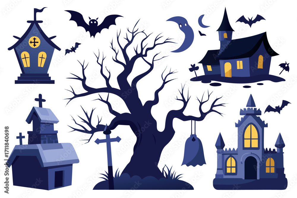 Spooky haunted house silhouette vector set for halloween decorations ...