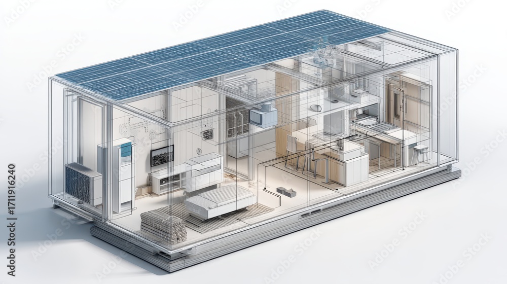 AI modular housing – Cutaway 3D solar-powered AI modular housing unit ...