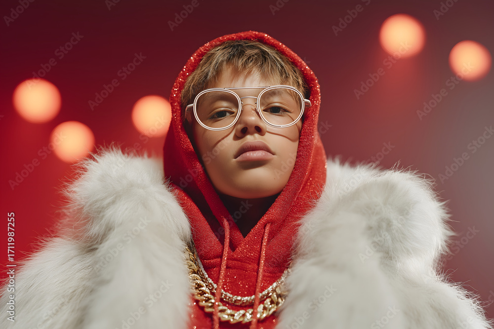 Christmas and generation alpha: Serious kid with eyewear, fur and chain ...