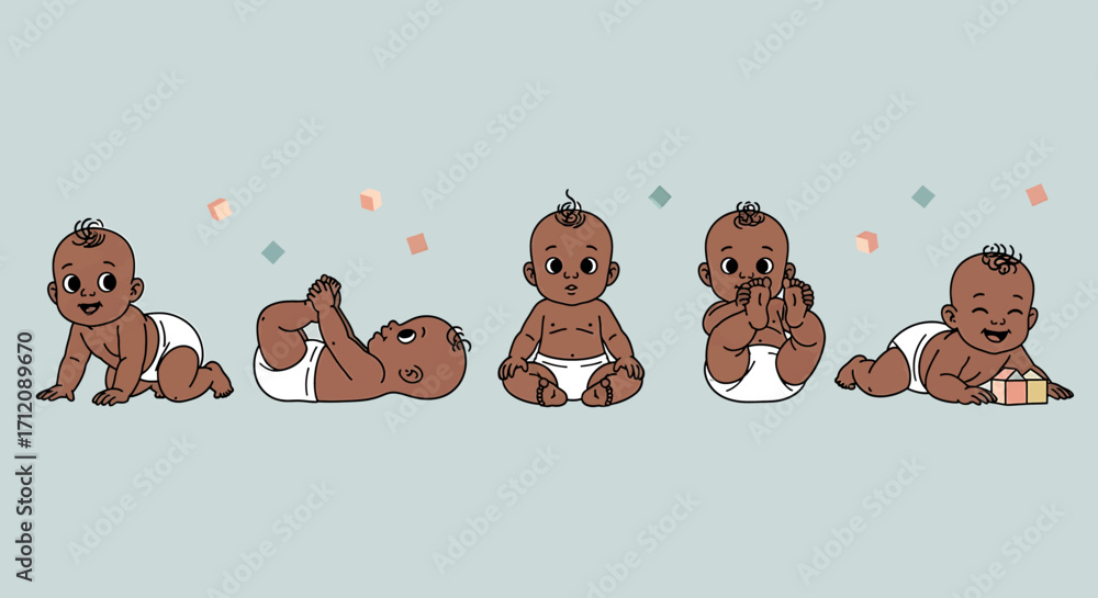 Baby shows developmental milestones in various poses against a pastel ...