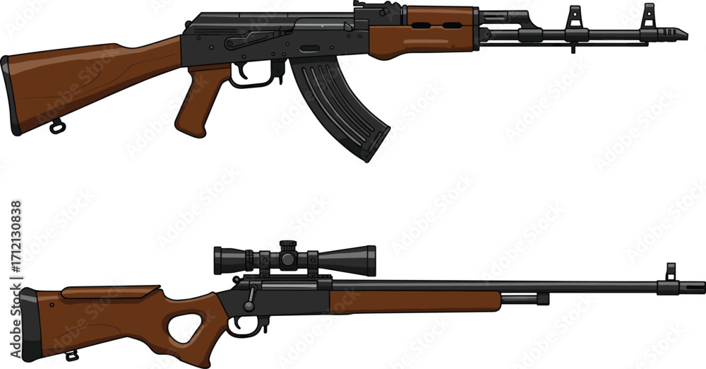 Assault rifle and sniper rifle illustration, military firearm ...